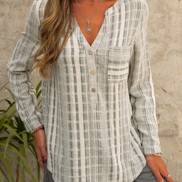 MISSLOOK | Tops | Nwt Misslook V Neck Striped Long Sleeve Cotton Shirts ...